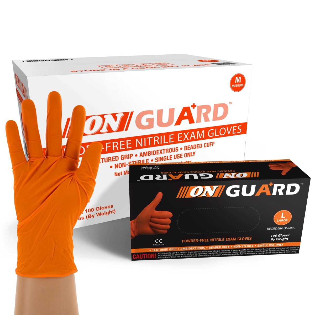 On Guard Powder Free Orange Nitrile Exam Gloves Case Size Medium UniSafe Gloves